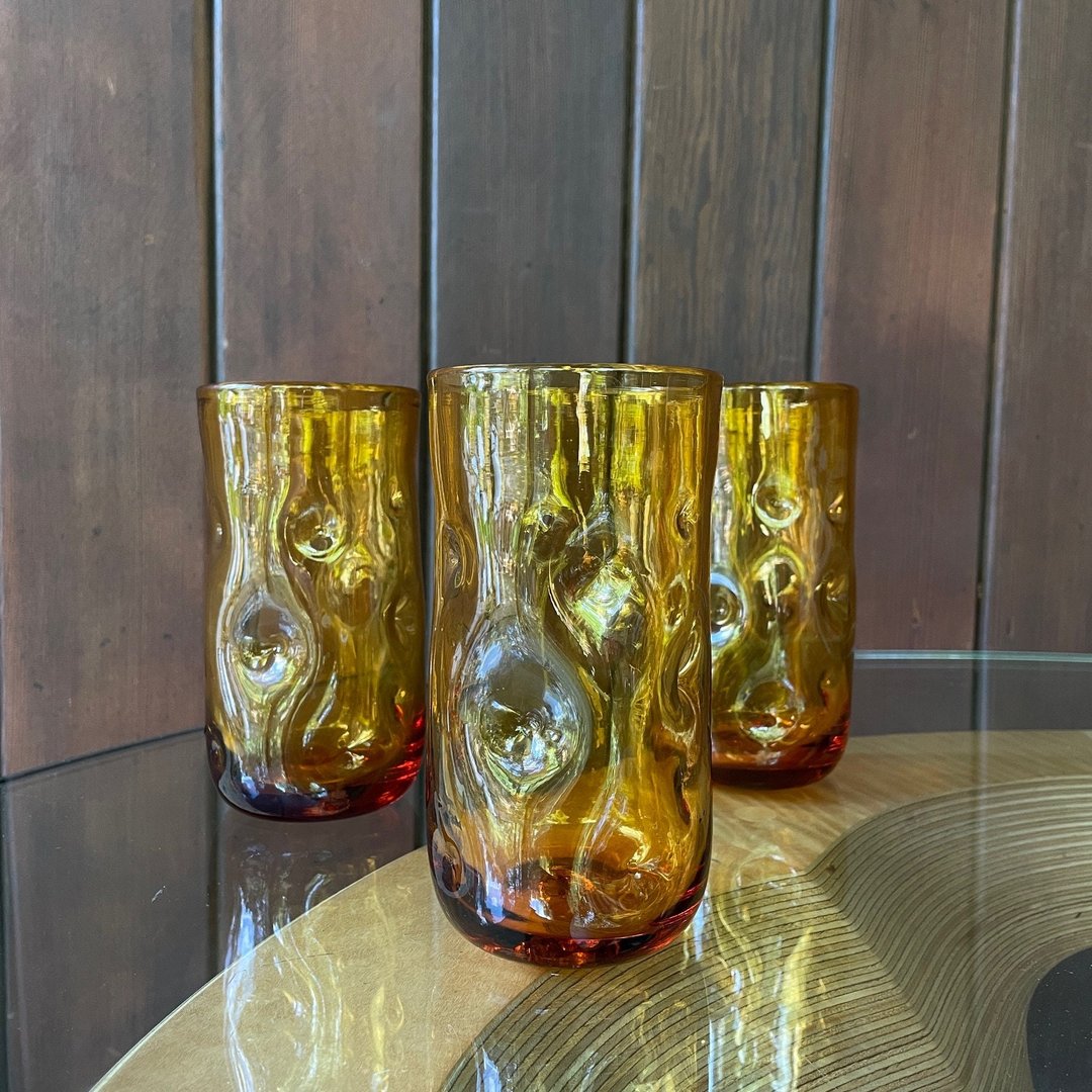 Blenko Glass Tumbler Pinched Dimpled Green Set 3 Vintage Mid-Century ...
