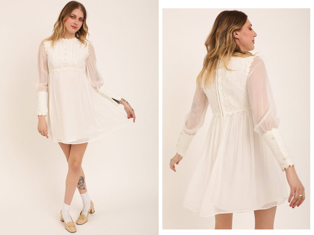 Vintage 1970s 70s White Chiffon Bishop Sleeve Micro Mini Dress ...