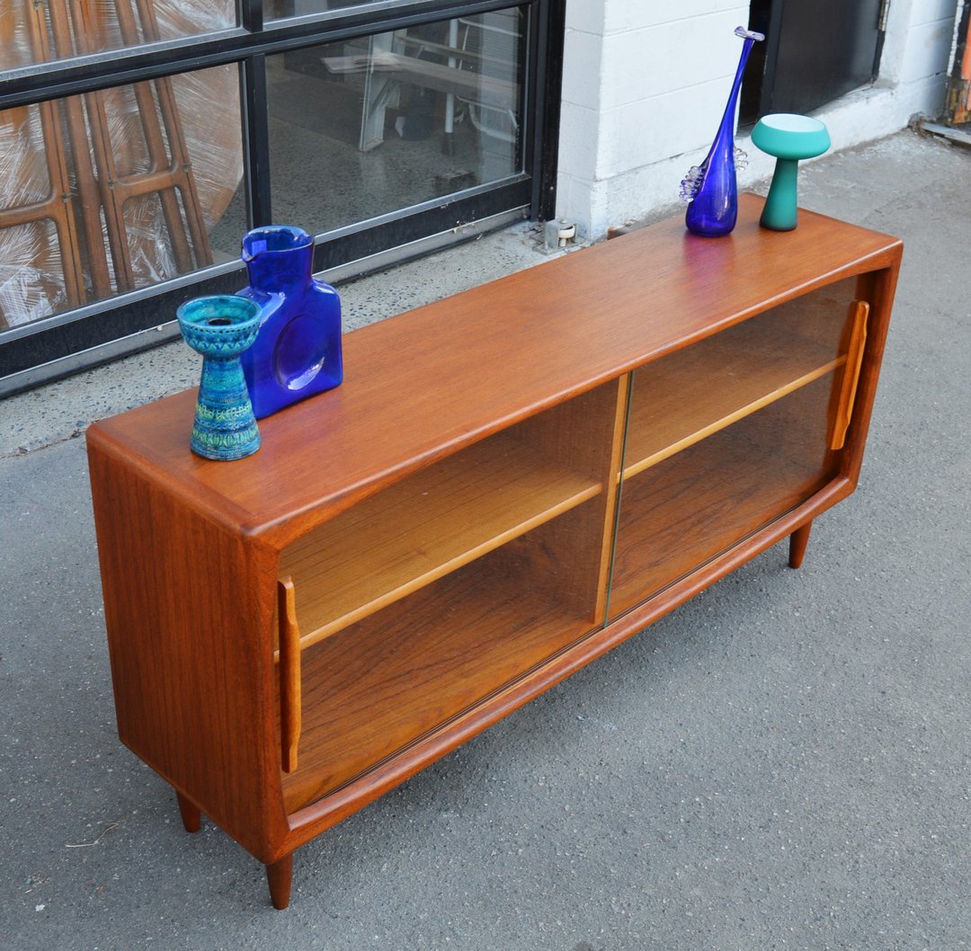 Compact Teak Atomic Glass Cabinet/TV Stand w/ Conical Legs | Mid ...
