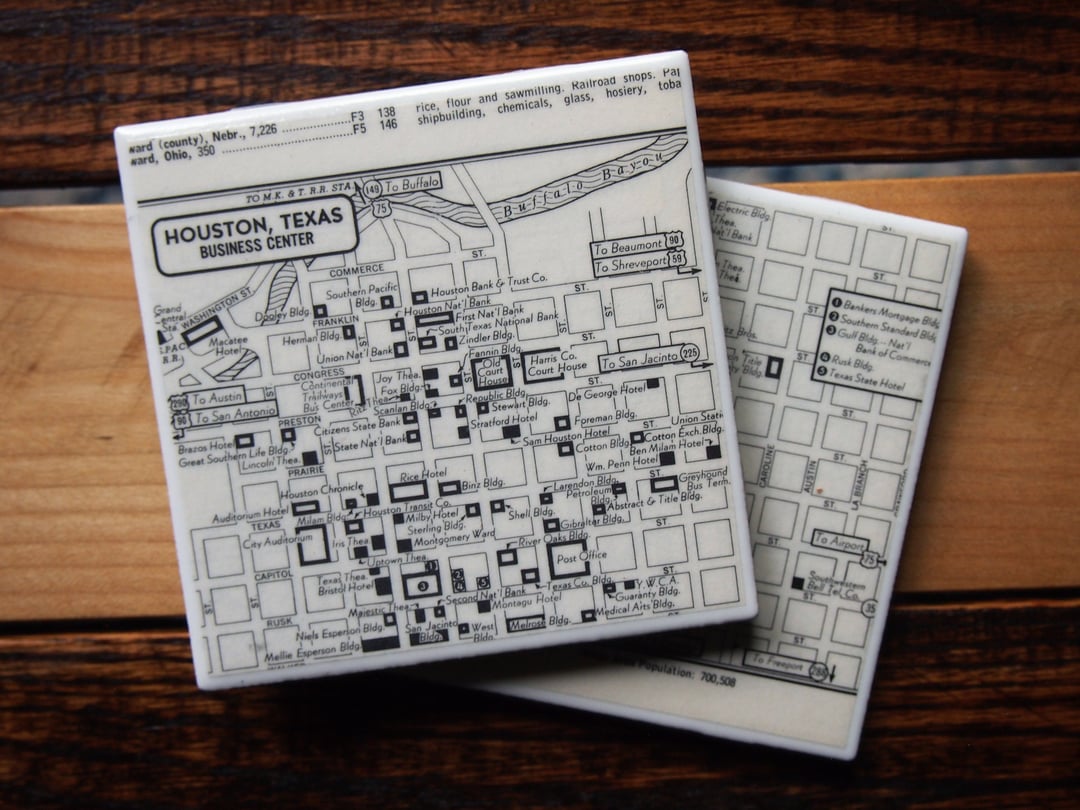 1956 Houston Texas Map Coasters Set of 2. Vintage Houston Map Gift ...