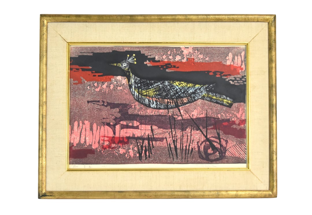 Tamami Shima Midcentury Modern Japanese Woodblock Print Bird signed L ...