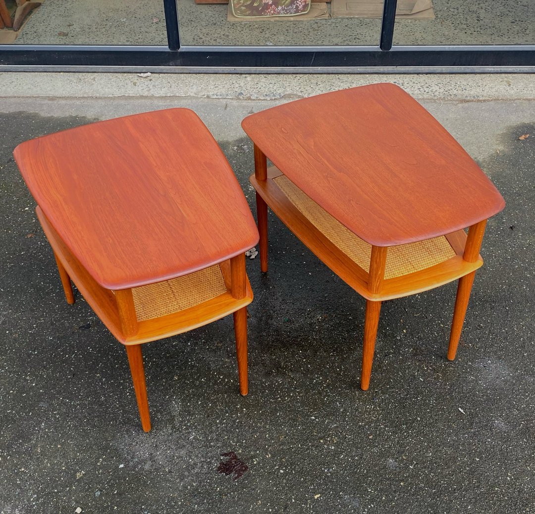 Two Solid Teak Trapezoidal Side Tables w/ Shelves by Hvidt & | Mid ...