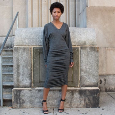 Patrick Kelly Grey Ruched Midi Dress | Moore Vintage Archive ...