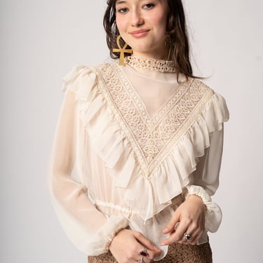 1980’s Cream Sheer & Lace Ruffle Blouse | Charm School Vintage | Austin, TX