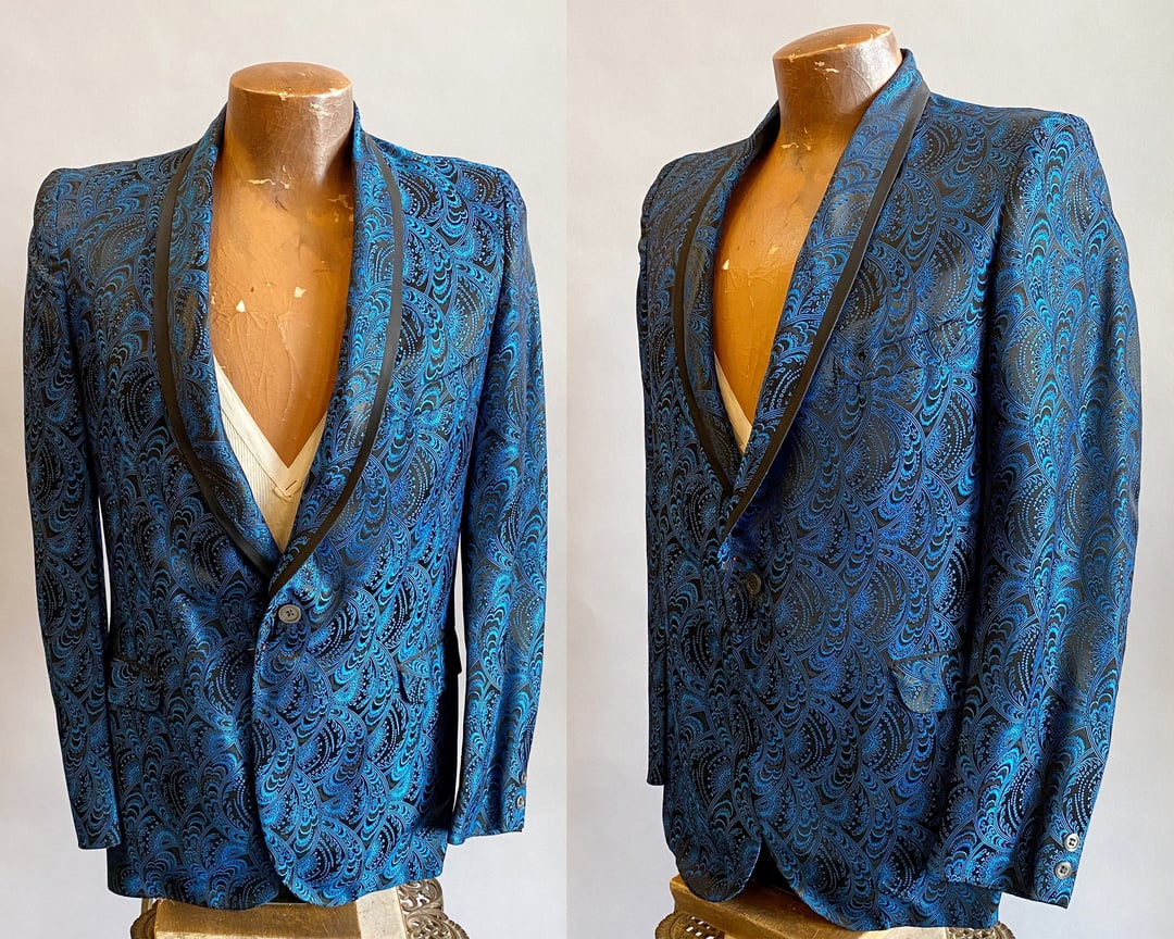 1960's Royal Blue Brocade Dinner Jacket / Blue And Black Tuxedo | Off ...