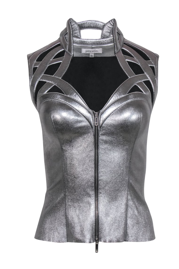 Jitrois - Silver Zip-Up Sleeveless Bustier Top w/ Laser Cut | Current ...