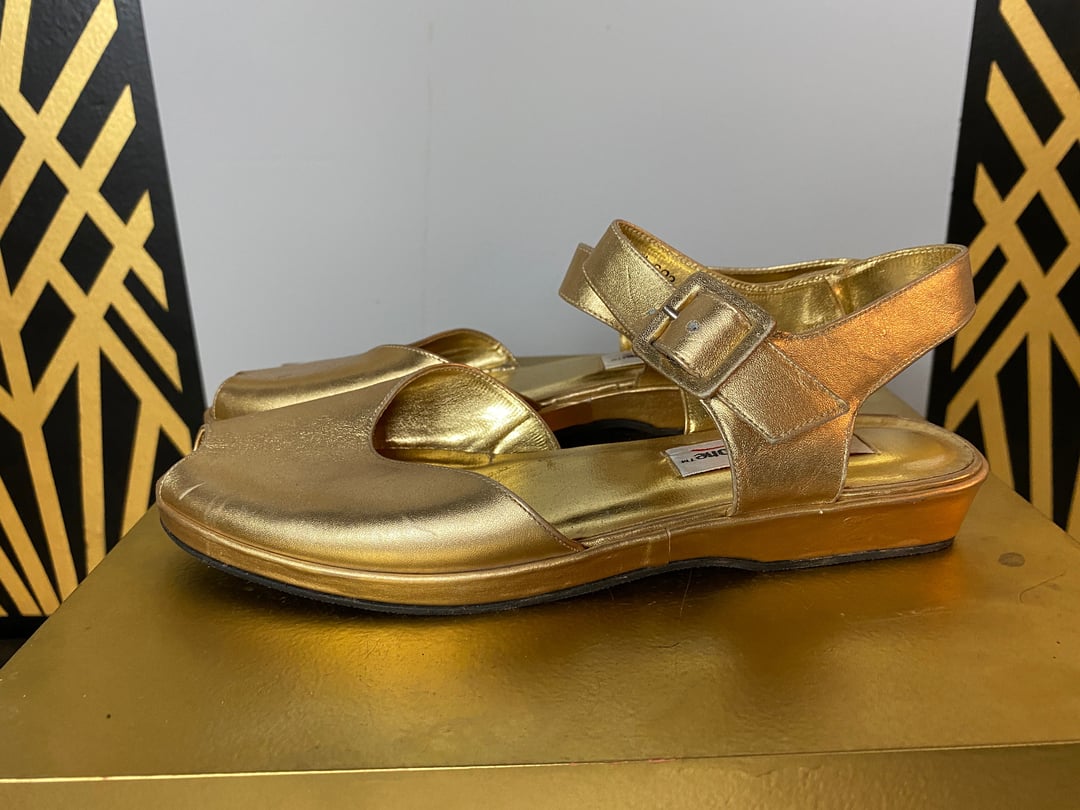 1980s sandals, gold leather, vintage flats, peep toe, wedge sandals ...