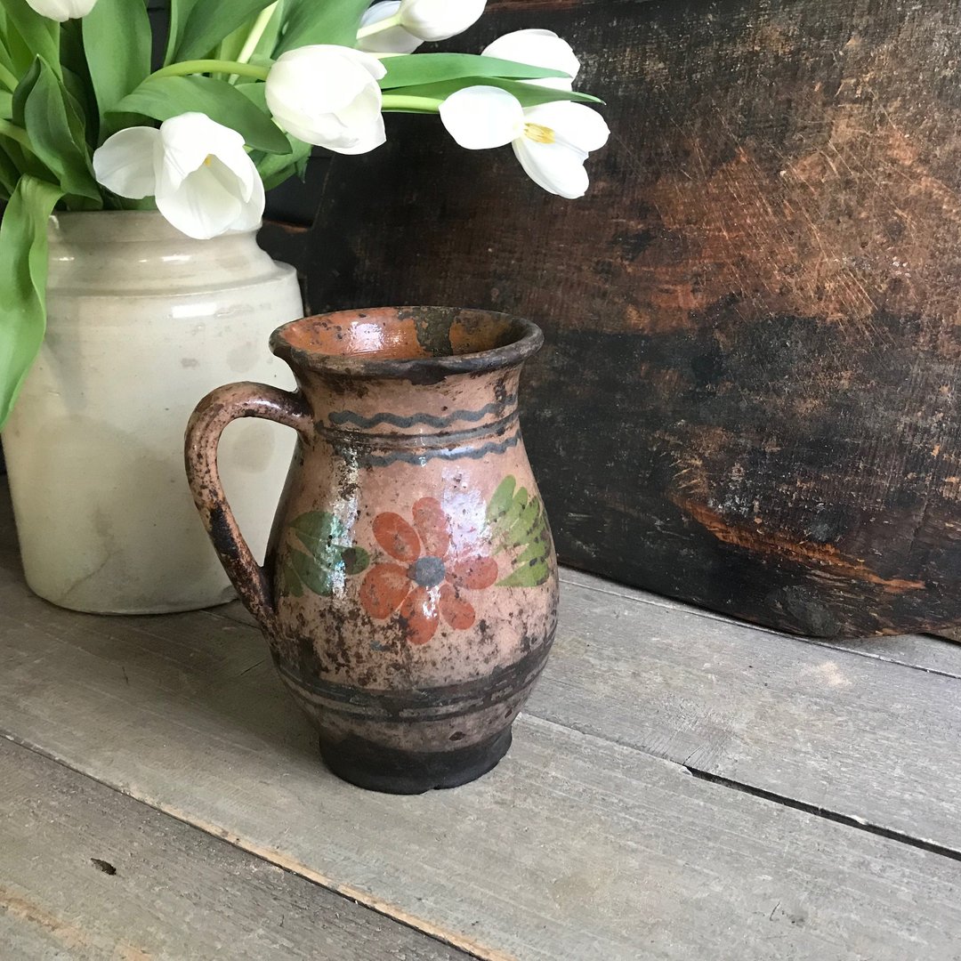 Antique Floral Pottery Jug, Small Floral Vase, Handpainted Glazed ...