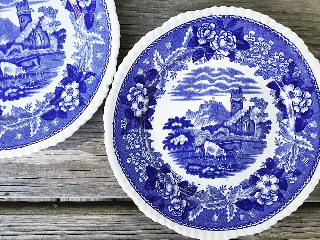 2 Blue transferware plates Adams Cattle Scenery, English ironstone ...