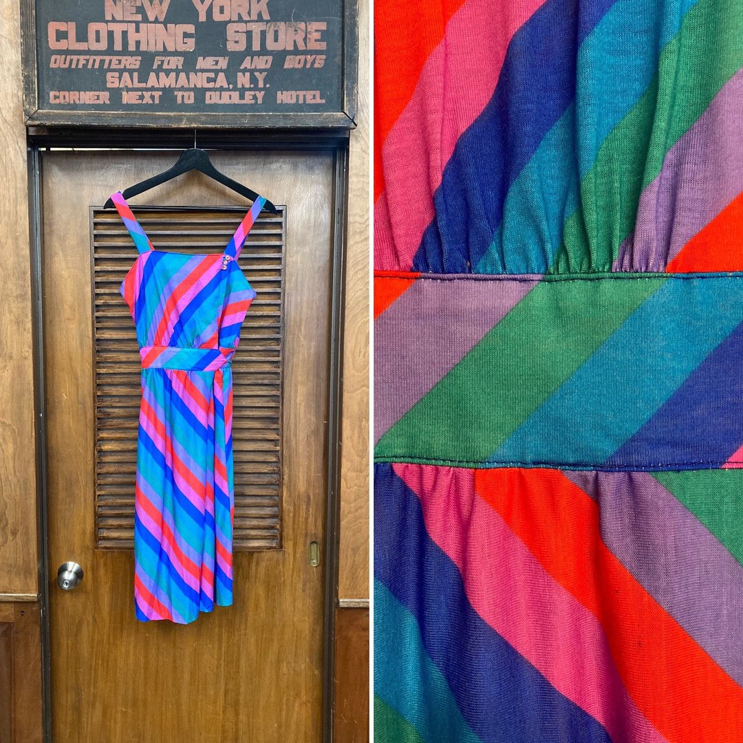Vintage 1980’s Rainbow Stripe New Wave Mod Wrap Summer Dress, 1980 ...