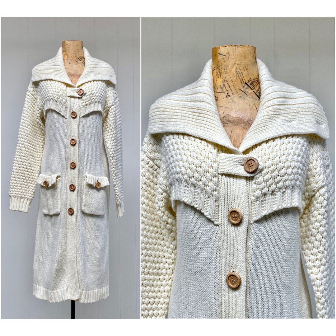 Vintage 1970s Maxi Cardigan, 70s Ivory Fishermans Knit Sweater, Medium ...
