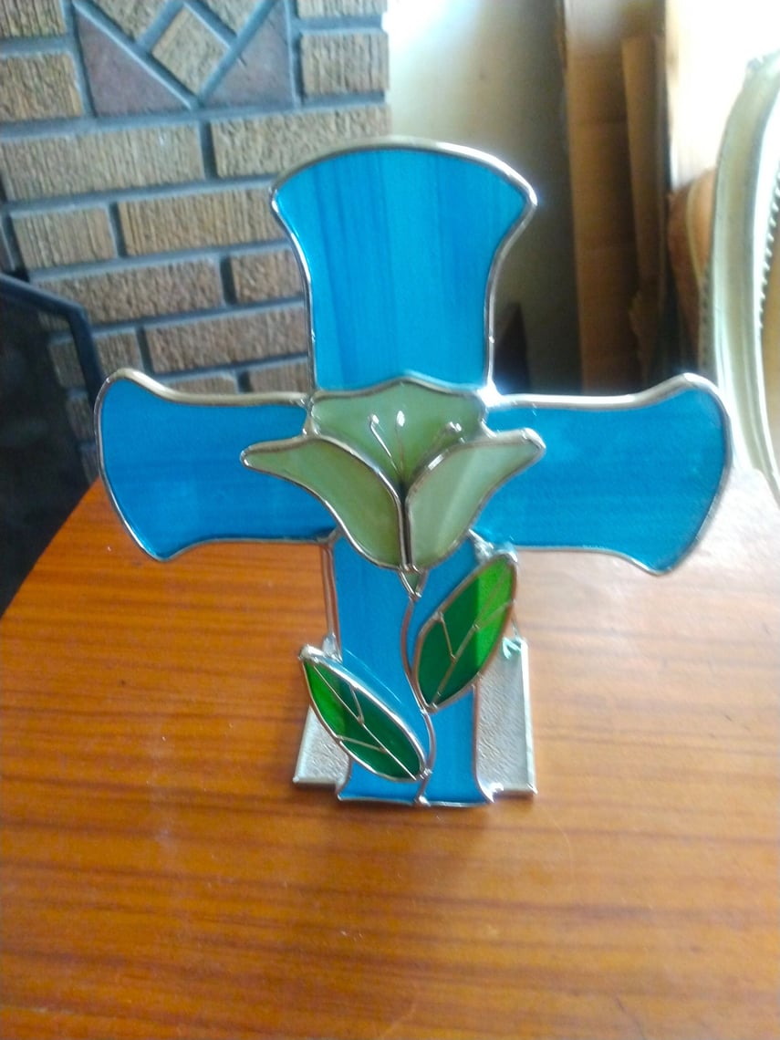 VINTAGE Tealight Holder, Tiffany Style Stained Glass, Cross, Home Decor ...