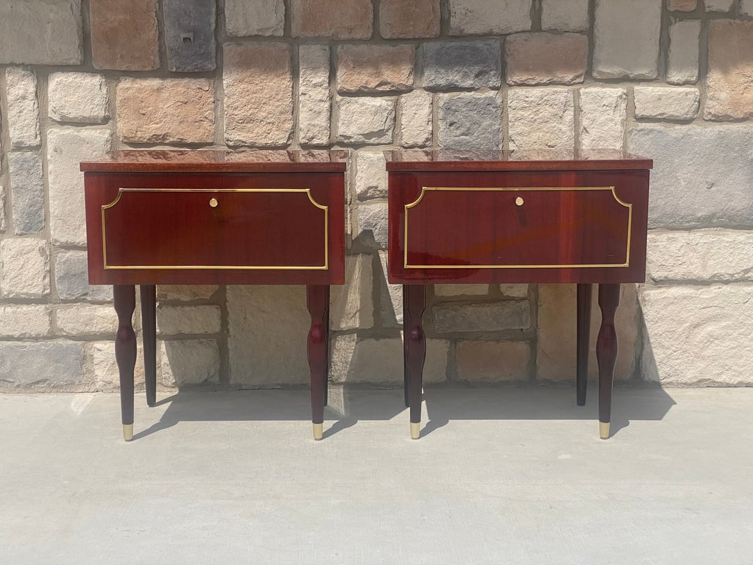 Pair of MCM Mahogany Bedside Tables / Nightstands with Gold Accents ...