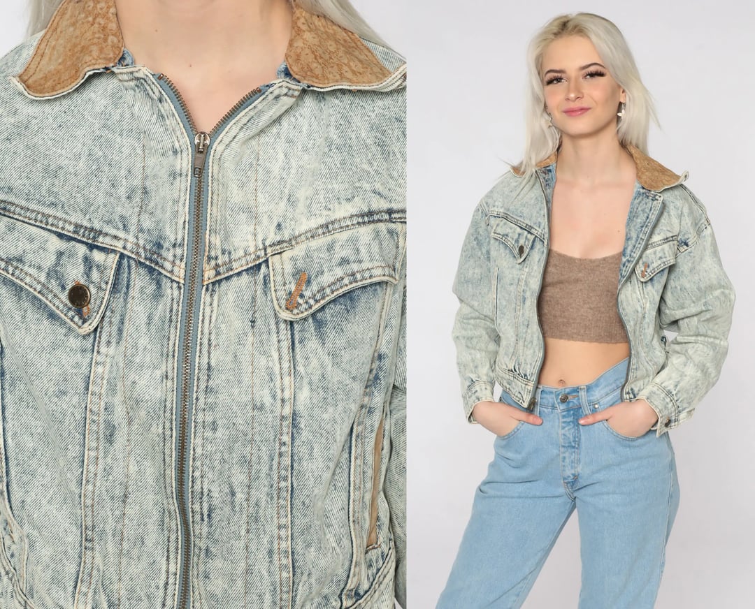 80s Denim Jacket ZIP UP Acid Wash Jean Jacket Leather | Shop Exile ...