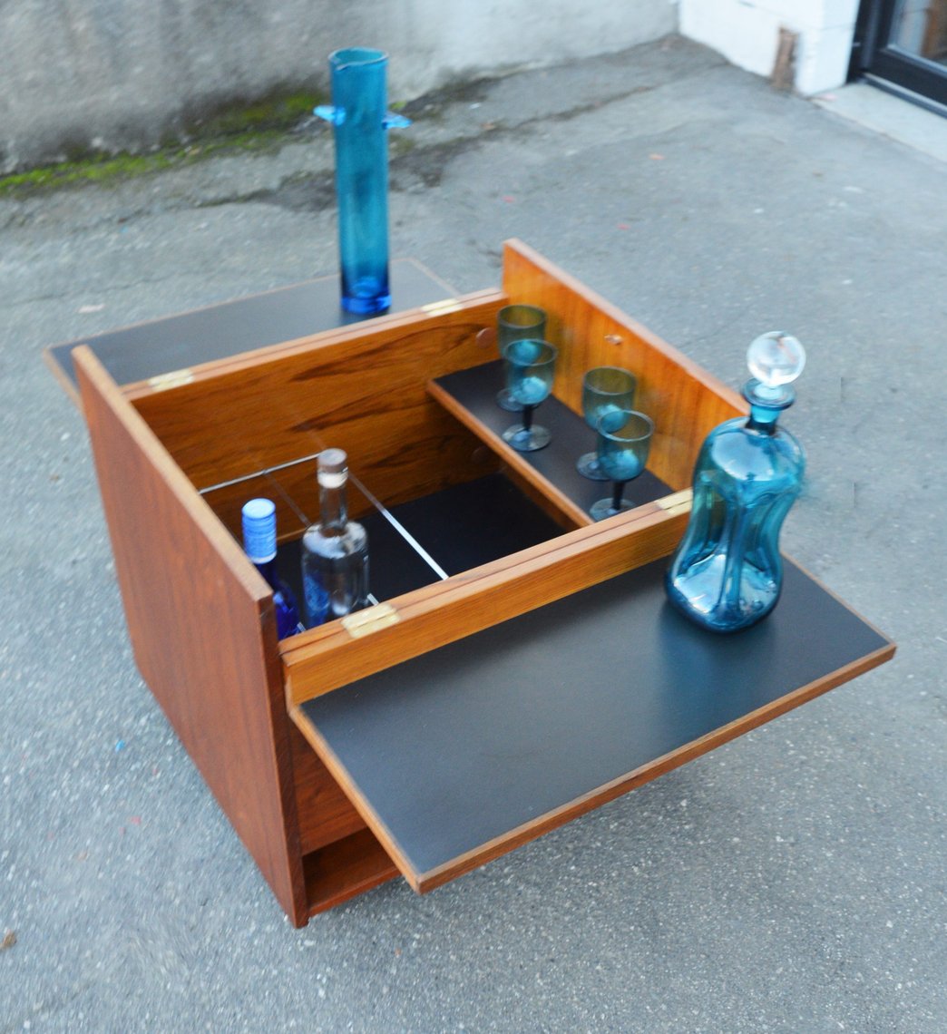 Teak Flip Open Box Bar w/ Glass & Bottle Storage, Shelf & | Mid-Century ...