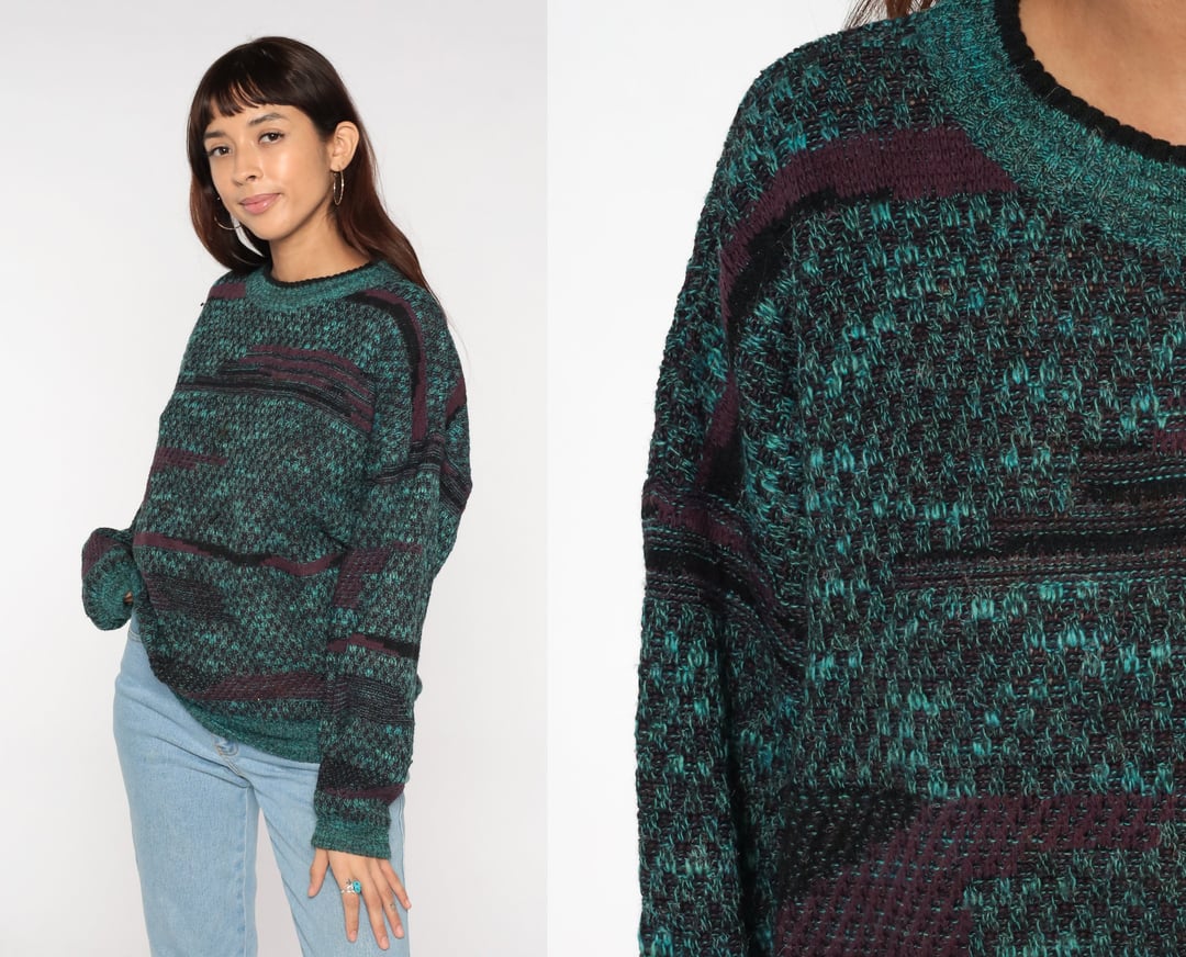 90s Knit Sweater Grunge Wool Blend Pullover Purple Green Striped | Shop ...