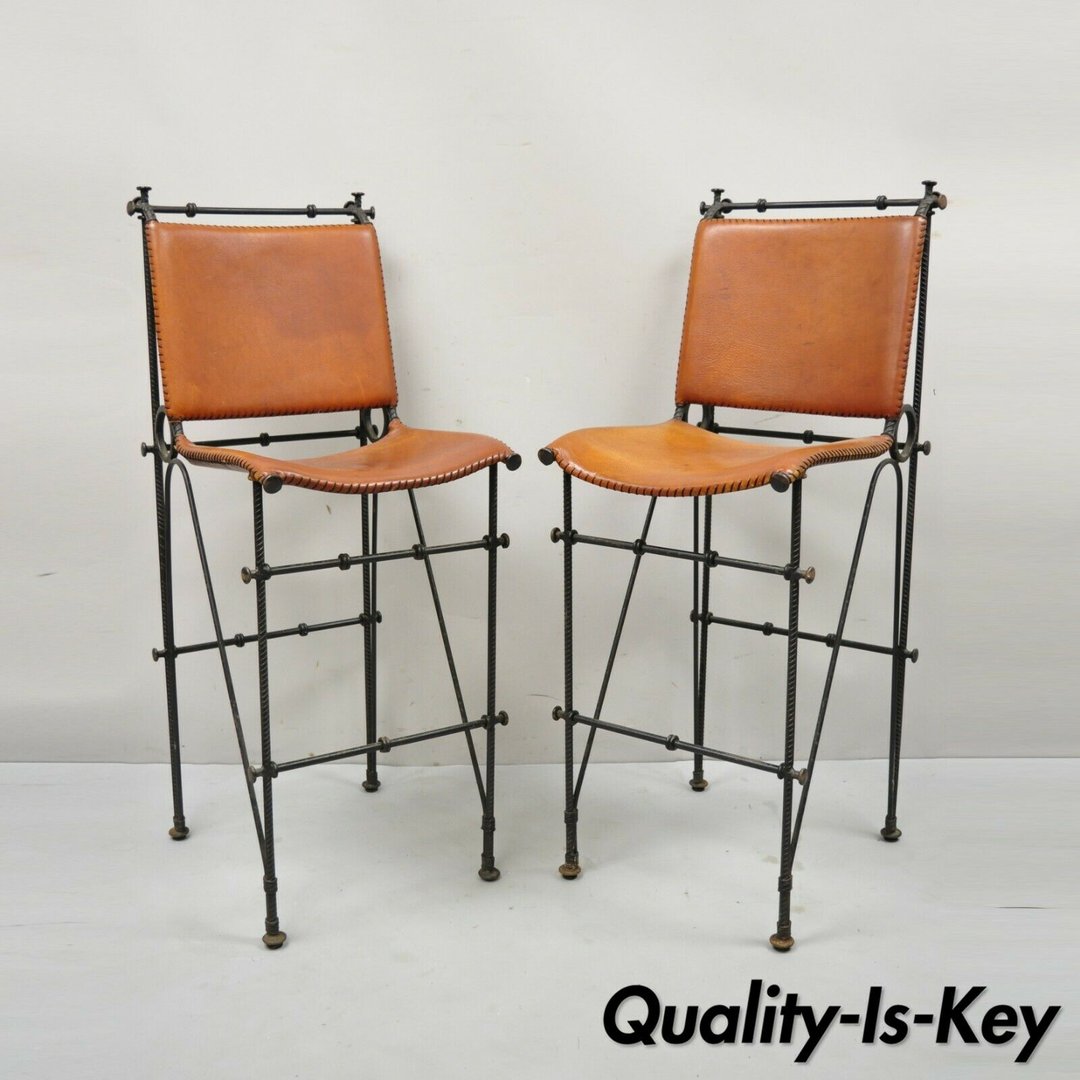 Spanish Modern Orange Leather Wrought Iron Brutalist Goor Bar Stools ...