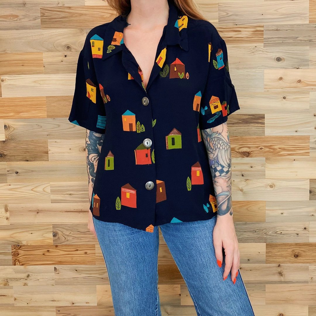 90's Novelty Print Houses Boxy Button Up Shirt | Noteworthy Garments ...