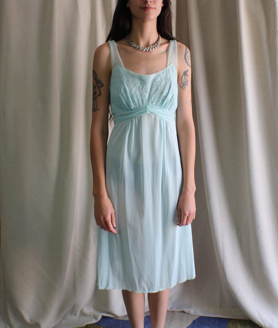 Vintage Blue Slip / Women's Baby Blue Nightie / Sleeveless Lace Bust ...