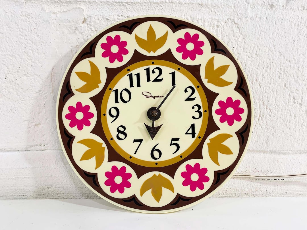 Vintage Ingraham Flower Power Wall Clock Floral Kitschy Mid-Century ...