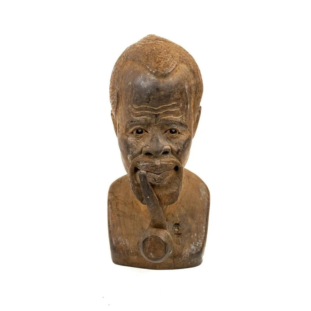 Mid 20th Century African Wood Carved Man Smoking Pipe Bust | Bluff St ...