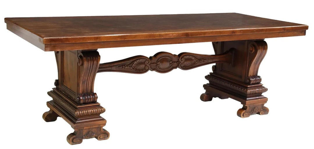 Trestle Table, Italian Renaissance Revival, 86"L , Palmette Carved ...
