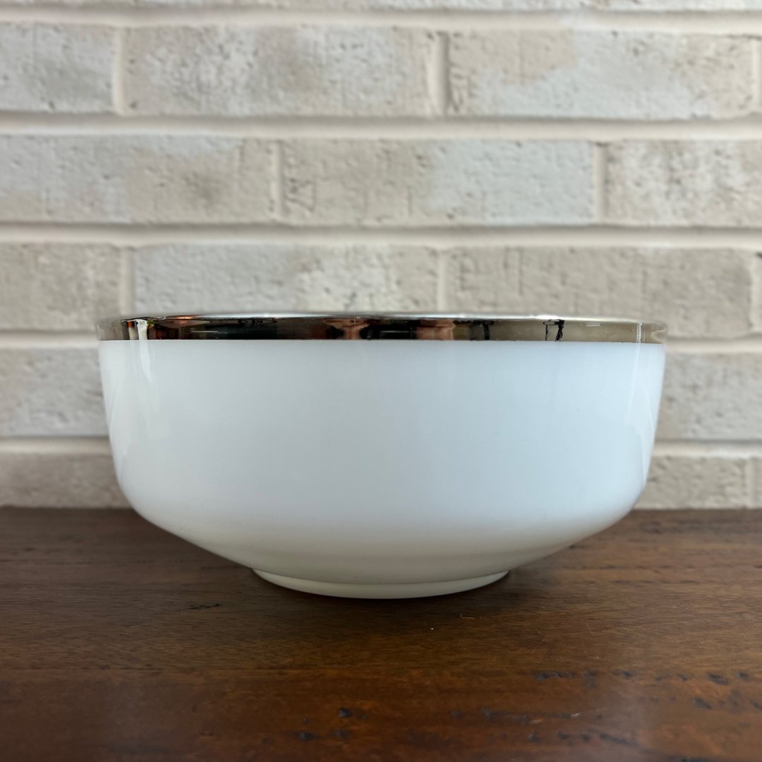 Vintage Federal Glass MCM Milk Glass Mixing Bowl with Silver | Good ...