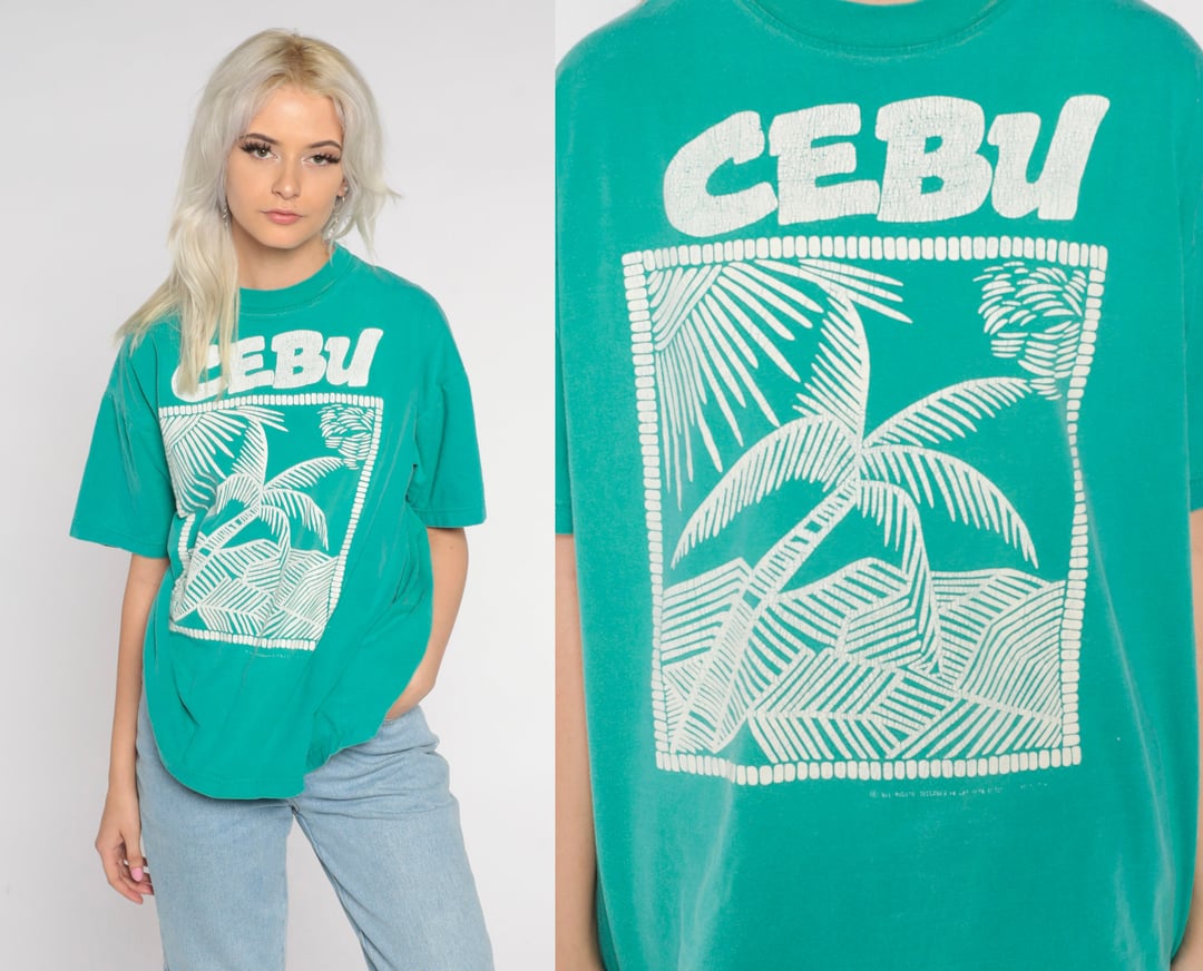 Cebu Philippines Shirt 90s Green Tropical Palm Tree Island Sun | Shop ...