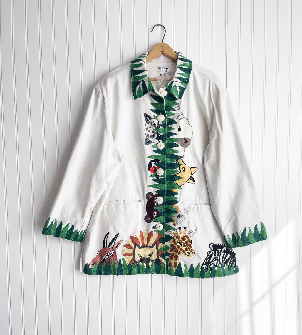 embroidered jacket 90s plus size vintage ANAGE chainstitch zoo animal ...