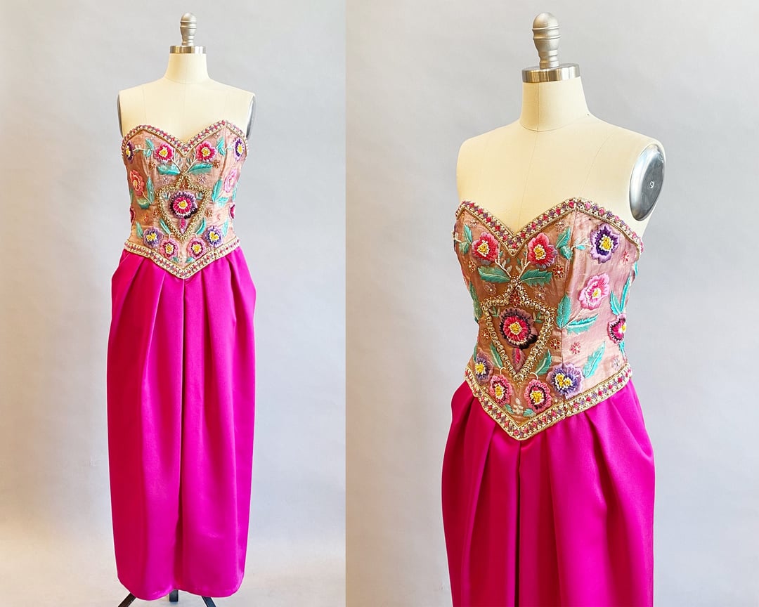 1980s Victor Costa Gown / Pink Strapless Dress / 1980s Hot Pink | Off ...