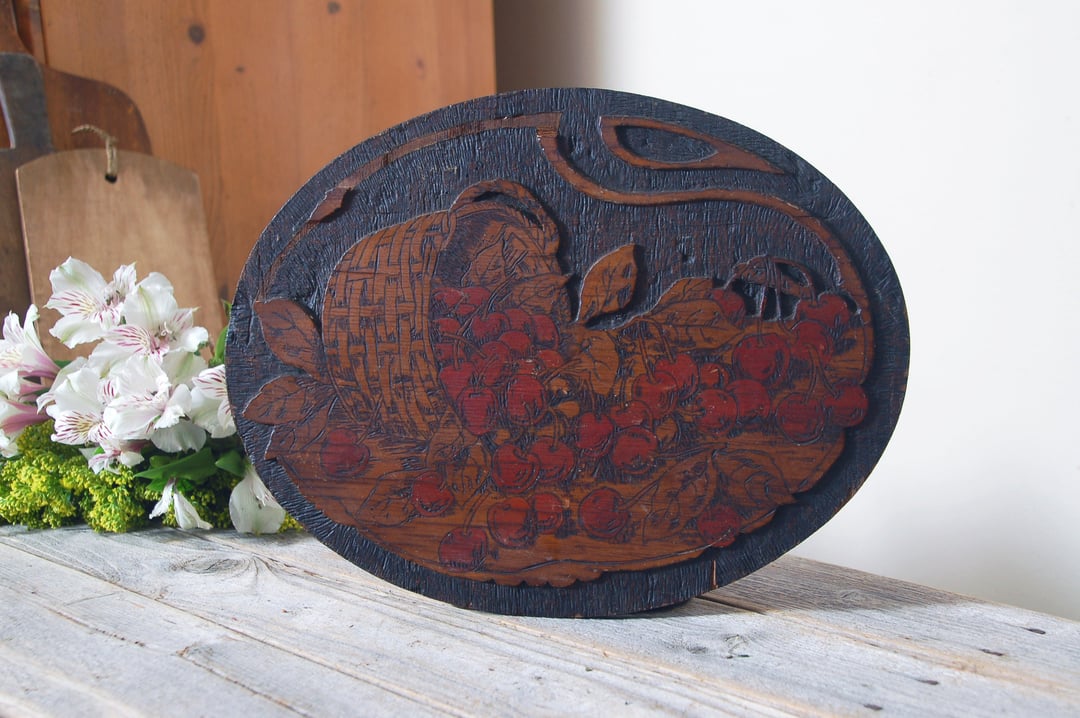 Vintage pyrography cherry basket Flemish art / wood pyrography art ...