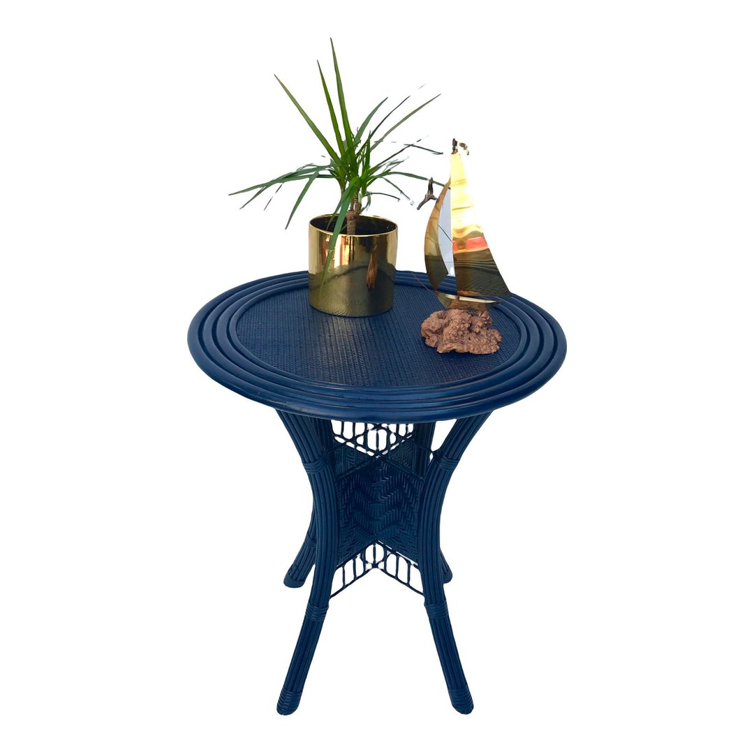 Vintage Navy Blue Rattan Round Side Table | Circular Accent Table ...