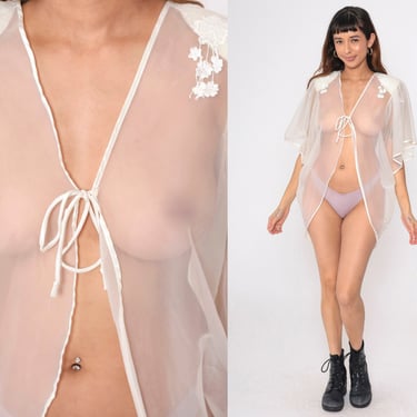 Sheer White Robe 80s Lingerie Jacket Puff Angel Sleeve Floral | Shop Exile | Tucson, AZ