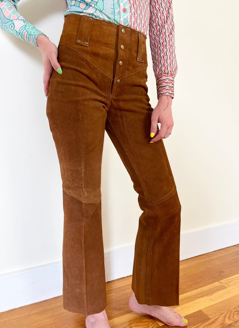 70’s Golden Thread Brown Suede Leather Fitted Bell Bottom Snap | Lexie ...