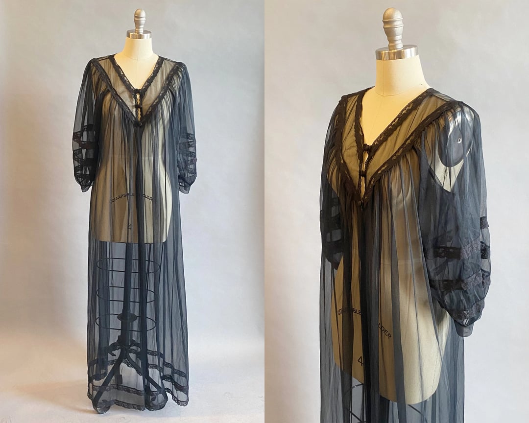 1960's Black Sheer Peignoir / Black Chiffon Robe / Burlesgue Black See ...