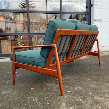 Handsome Teak Frame 3 Seat Sofa w/ Recent Teal Cushions | Mid-Century ...
