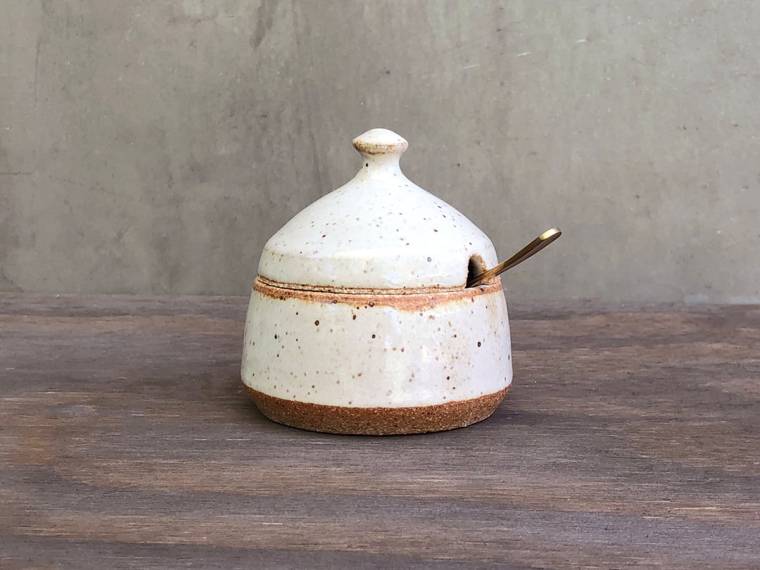Ceramic Salt Cellar with Lid & Spoon opening- Glossy Speckled "Snow ...