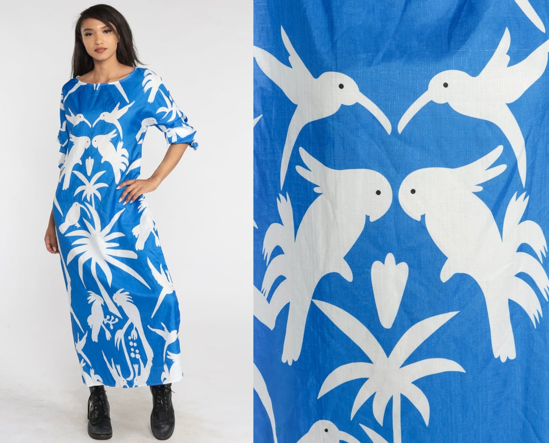 Bird Print Dress 80s Blue Tropical Maxi Dress Boho Cockatoo | Shop ...