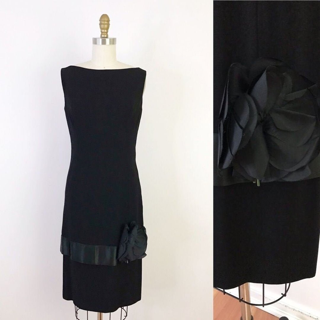 Vintage 1960s Sheath Dress Black Satin Flower Chic | Fox Burrow Vintage ...
