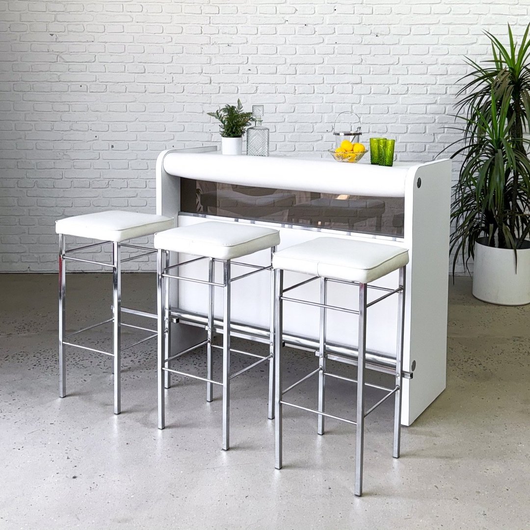 Vintage White Postmodern Formica Dry Bar with Three Stools | Flux ...