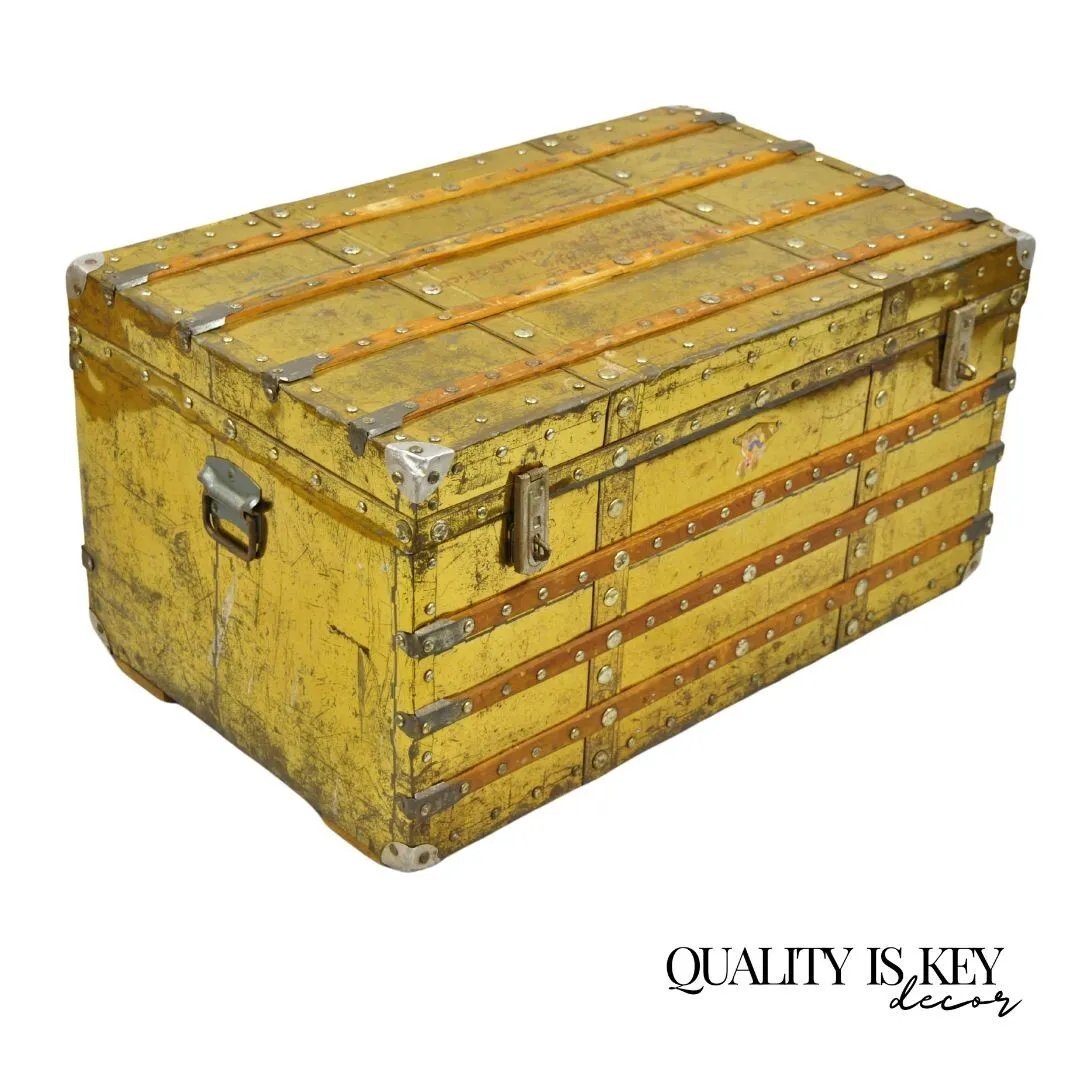 Antique Victorian Brass Clad Wooden Band Train Trunk Storage Treasure ...