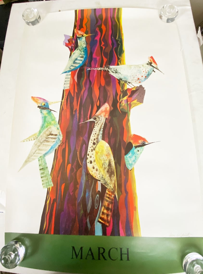 BRIAN WILDSMITH Vintage 1971 Woodpeckers March Calendar Poster ~ 36" x ...