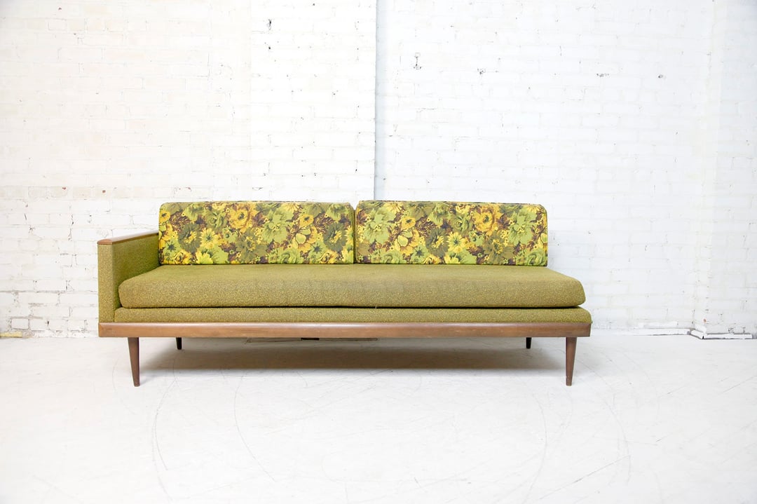 Vintage MCM low green upholstery sofa / daybed with 2 flowery cushions ...