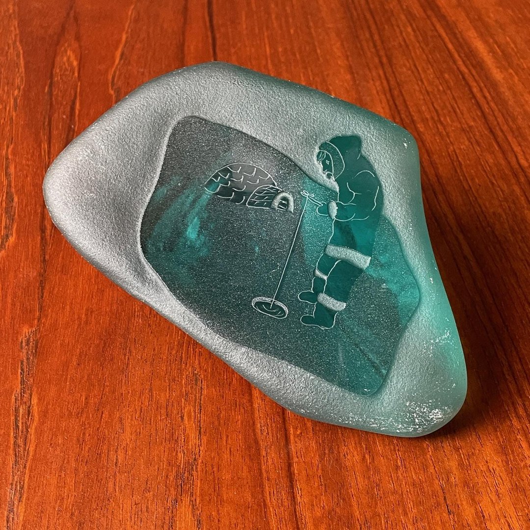 Glass Rock Sculpture Inuit Native Scene Carved Vintage Mid-Century Teal ...