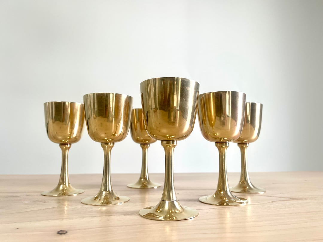 Vintage Solid Brass Wine Goblets, Set of 6 | The Brass Fig | Concord, CA