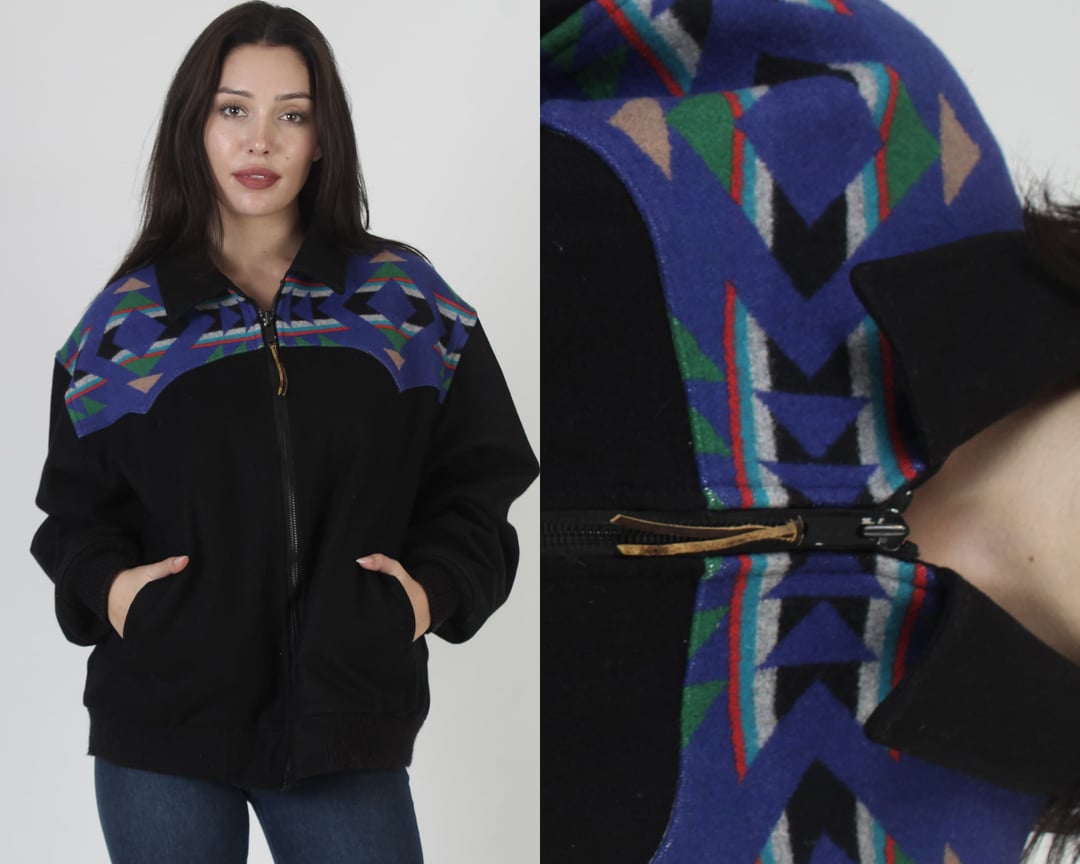 Vintage Black Pendleton Jacket / 80s Rainbow Ethnic Print Pendleton ...