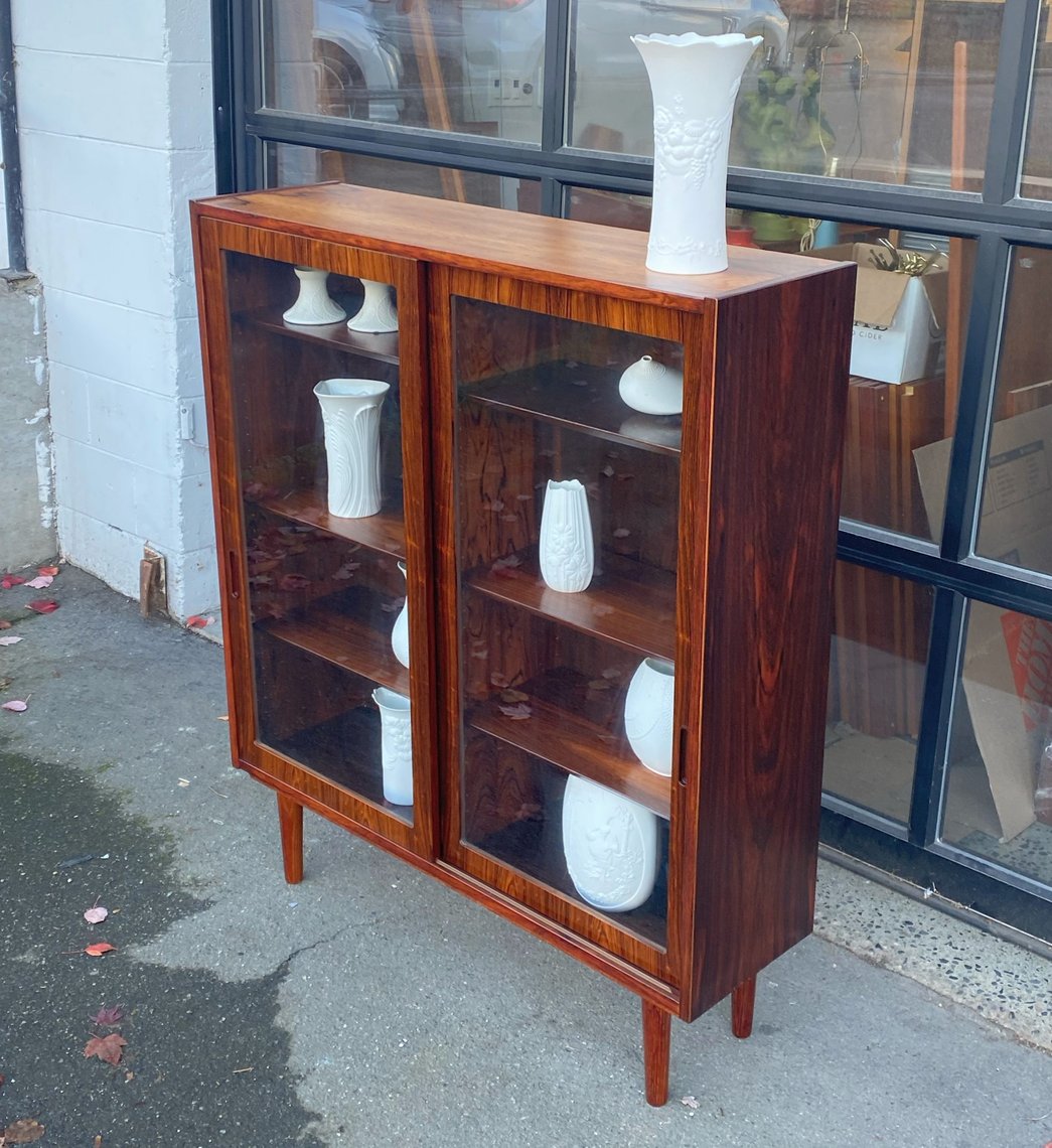 Large Quality Rosewood Glass Cabinet w/ Angled Shelf Fronts by | Mid ...