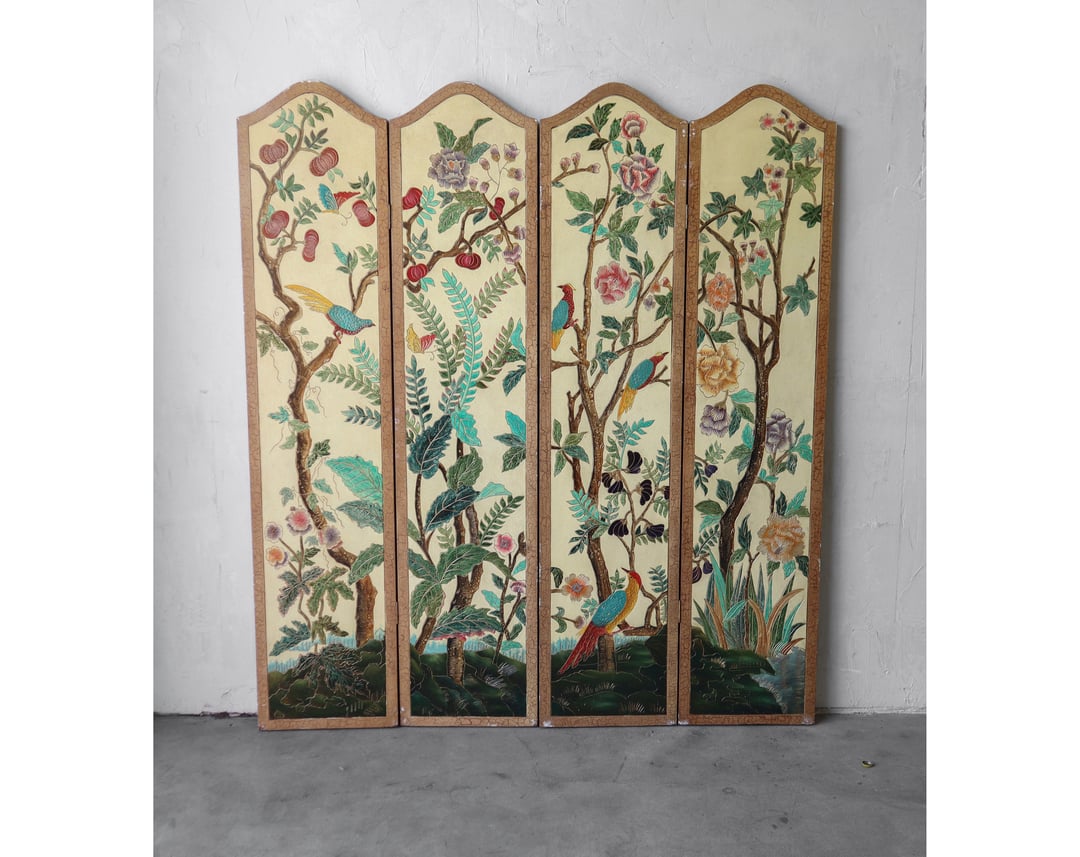 Vintage Avian Botanical Themed 4-Panel Room Divider Screen | Aged ...
