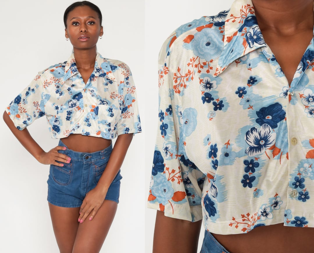 Floral Blouse 70s Boho Crop Top Button Up Shirt Bohemian | Shop Exile ...