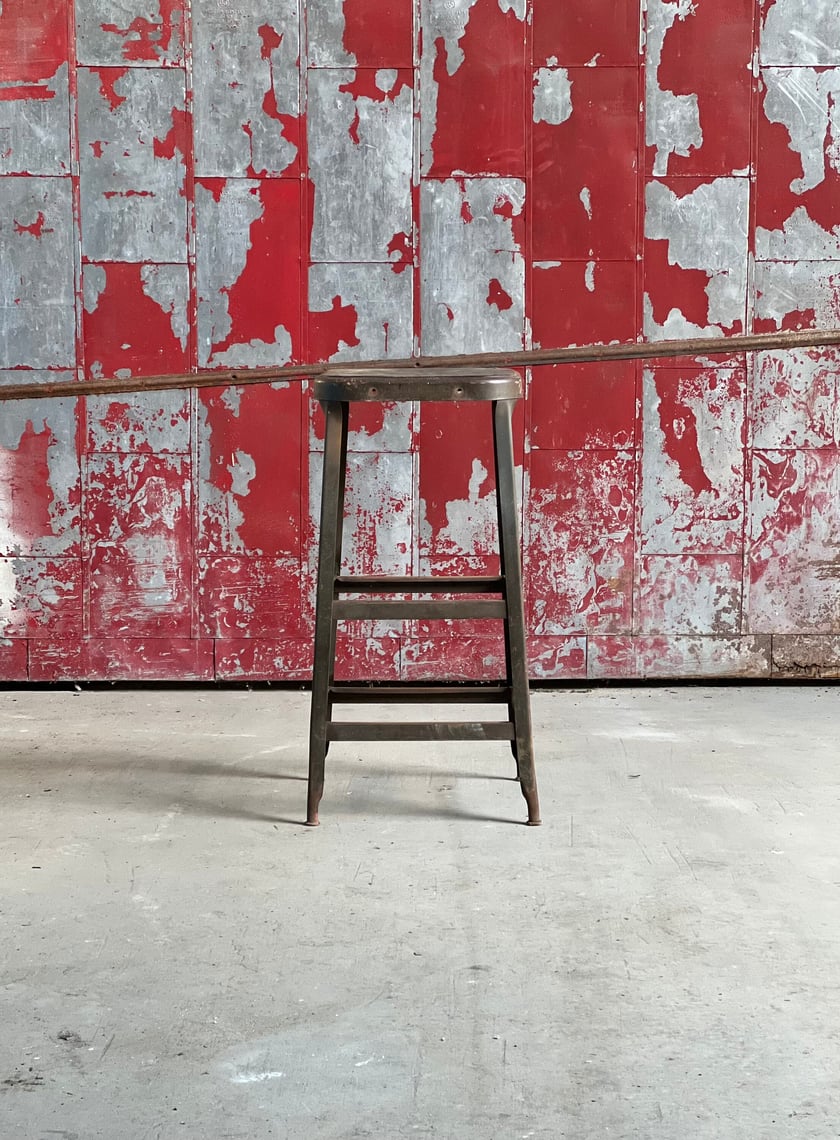 Vintage Industrial Lyons Metal Stool | North Grove Antiques | Freeport, IL